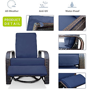 Skypatio Outdoor 360° Swivel Rattan Recliner Chair, Adjustable Backrest Patio Wicker Recliner Lounge Chair with Comfortable Cushions, All-Weather Resin Rattan & Aluminum Frame(Navy Blue)