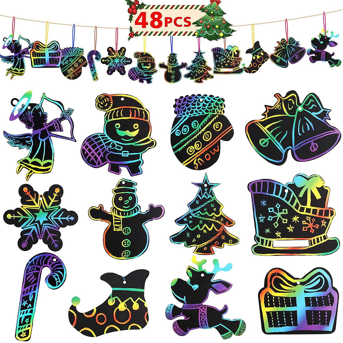 ACEHOOD 48 Sets Christmas Rainbow Scratch Paper Ornaments Kids Art Craft DIY Xmas Ornaments Christmas Party Decorations for Kids