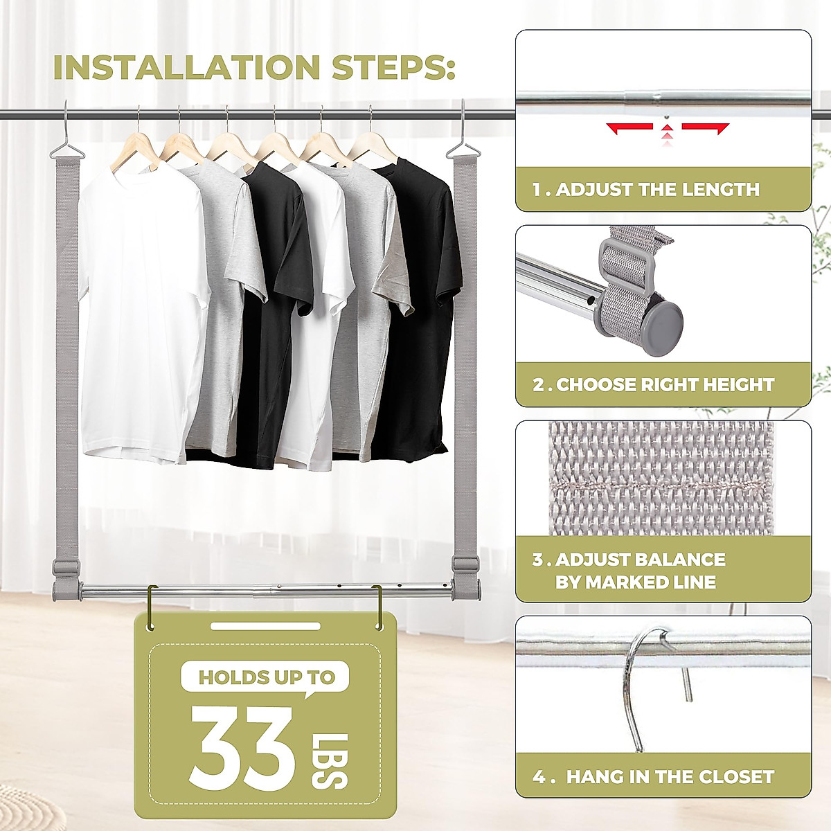 STORAGEIDEAS Hanging Closet Rod, 17-28In Adjustable Width and Up to 32In Height Adjustable Closet Rod Extender, Double Closet Rod Hanging Bar, Space-Saving Tension Hanging Organizer, Webbing, 1 Pack