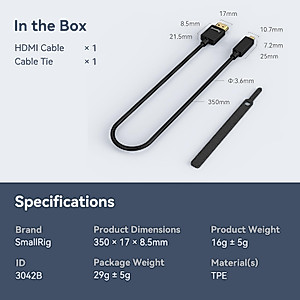 SMALLRIG Micro Ultra Thin HDMI Cable 35cm/1.15Ft (D to A), Super Flexible Slim High Speed 4K 60Hz HDR 2.0, Fit for Sony A7RIII / A6600 / A6500, for FUJIFILM X-T3 / X-T4, for GoPro Hero 7/6/5-3042B