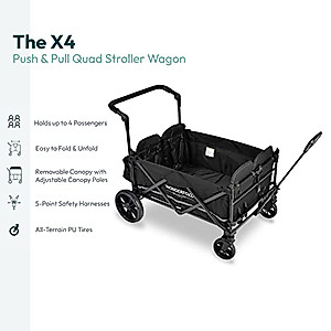 WONDERFOLD X4 Push & Pull Quad Stroller Wagon (4 Seater) Featuring Seats with 5-Point Harnesses, Adjustable Push Handle, and Adjustable/Removable UV-Protection Canopy, Stealth Black