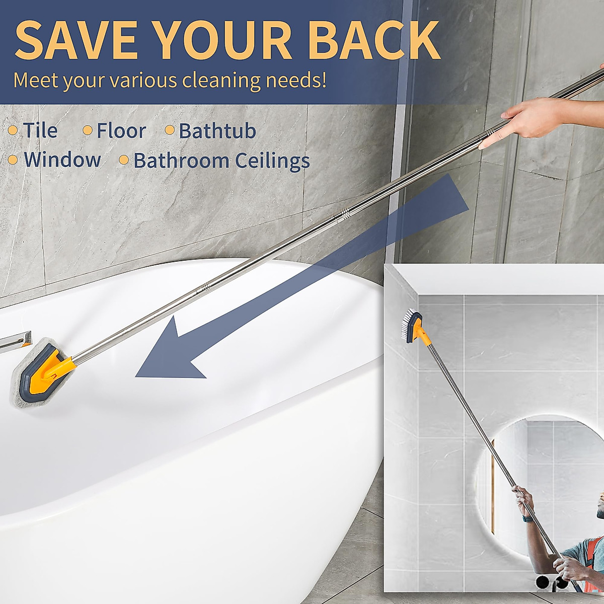 BOOMJOY Tub Cleaner Brush with Long Handle, 55" Extendable Tub Scrubber with Locking Head, No Scratch Shower Cleaning Brush for Bathtub, Bathroom Ceilings, Toilet, Kitchen, Tile, Sink