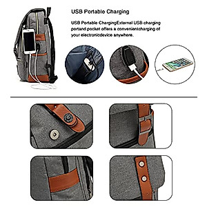 LIMHOO Vintage Laptop Backpack with USB Charging Port, College School Bookbag for Women Men, Travel Rucksack Casual Daypack (Light Grey)