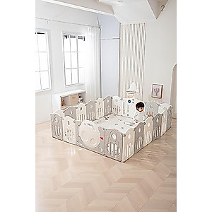 Space playpen:18 Panel Infants Toddler Safety Kids Playpen Activity Center Play Yard W/Lock Door and Basketball Hoop and Large Mat (Gray +White)
