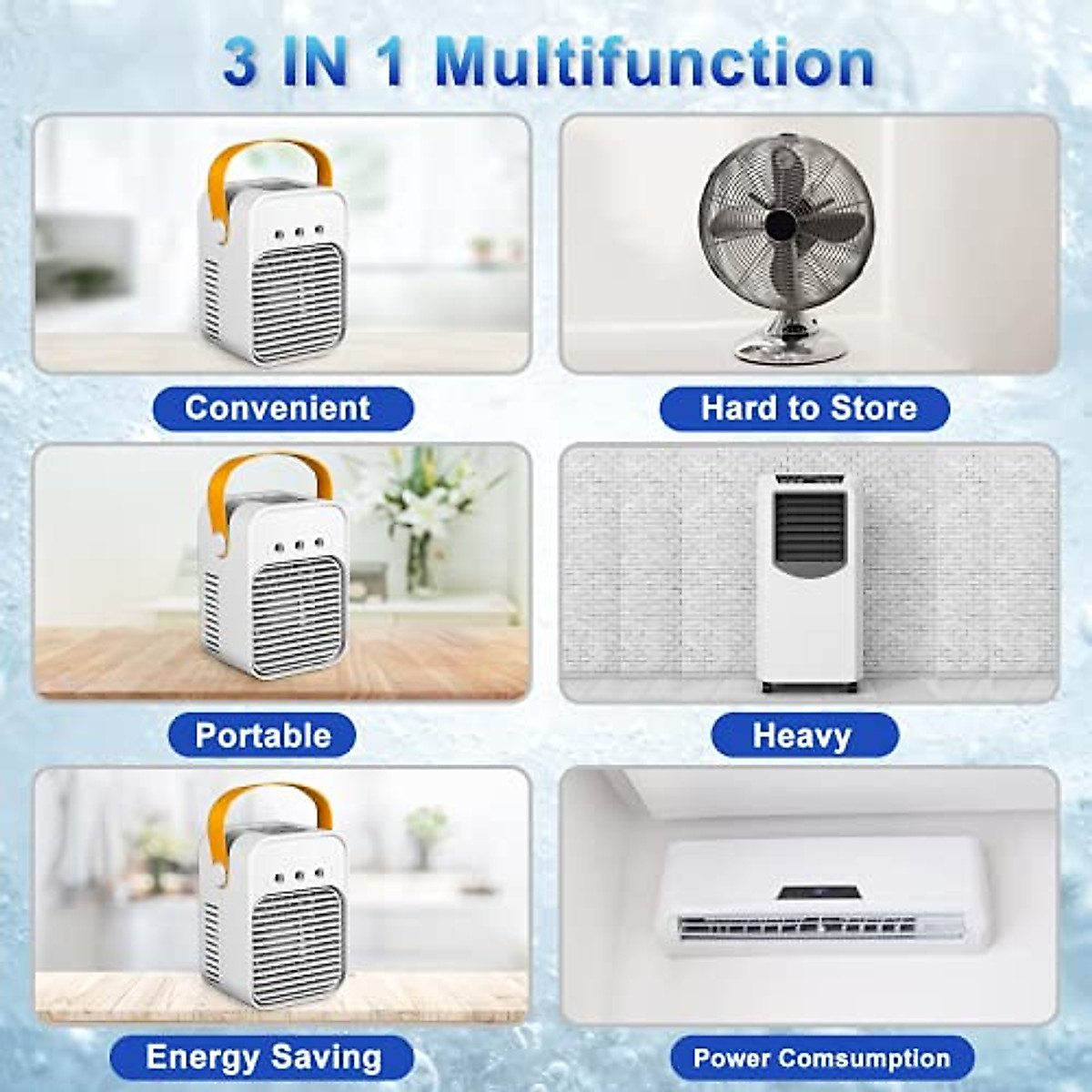 Portable Air Conditioner, Personal Air Cooler, USB Air Conditioner Fan with 3-Speed, Quiet Air Cooler Misting Fan with Handle for Home Room Office