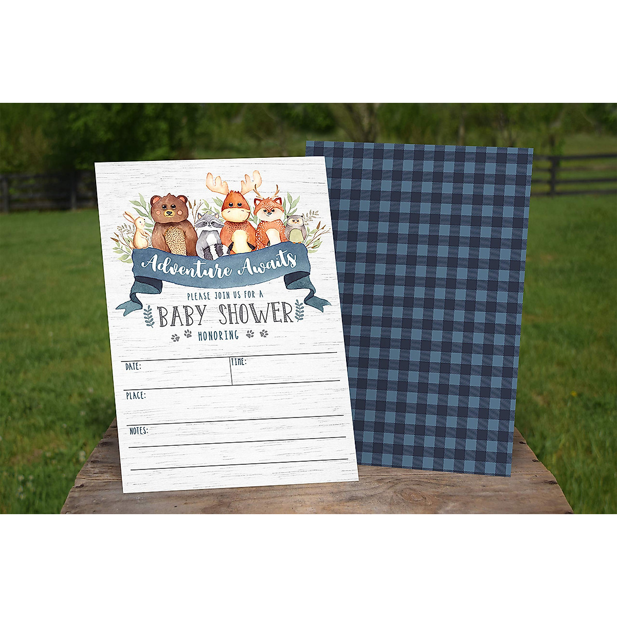 Blue Woodland Baby Shower Invitations, Forest Animal Baby Shower Invitations for Boy, Adventure Awaits Lumberjack with Bear, Moose, Raccoon, Deer, Baby Sprinkle, 20 Fill in Invitations and Envelopes