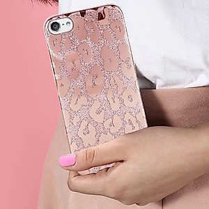 iPod Touch 7th Generation Case, J.west iPod Touch 6 iPod 5 Case, Luxury Saprkle Bling Glitter Metallic Leopard Print Design Soft Slim Protective Cases for Women Girls Silicone Cover Rose Gold