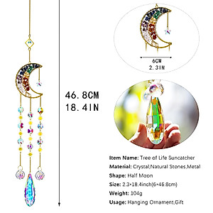 Chakra Tree of Life Crystal Suncatcher for Windows,Rainbow Maker Half Moon Sun Catcher with Crystal Prisms Hanging Crystals for Garden Home Decoration