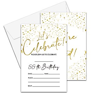 YQV 55th Birthday Invitations Cards, 4"x 6" White and Gold Confetti Birthday Party Invites with Envelopes for Party Decorations Supplies(20 Pieces) -D14