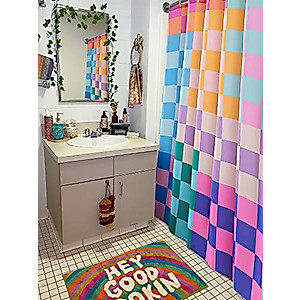 RoomTalks Multicolored Checkered Retro Fabric Shower Curtain for Bathroom, Heavy Duty & Waterproof Bright Rainbow Colorful Modern Simple Groovy Aesthetic Shower Curtain Set with Hooks Bathroom Decor