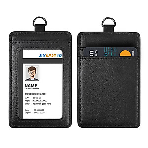 JINEASY ID Leather ID Badge Holder Vertical Lanyard ID Card Holder Black Badge Protector Case for Work Office Name Badges Keycard, Holds 3 ID Cards, 2 Pack