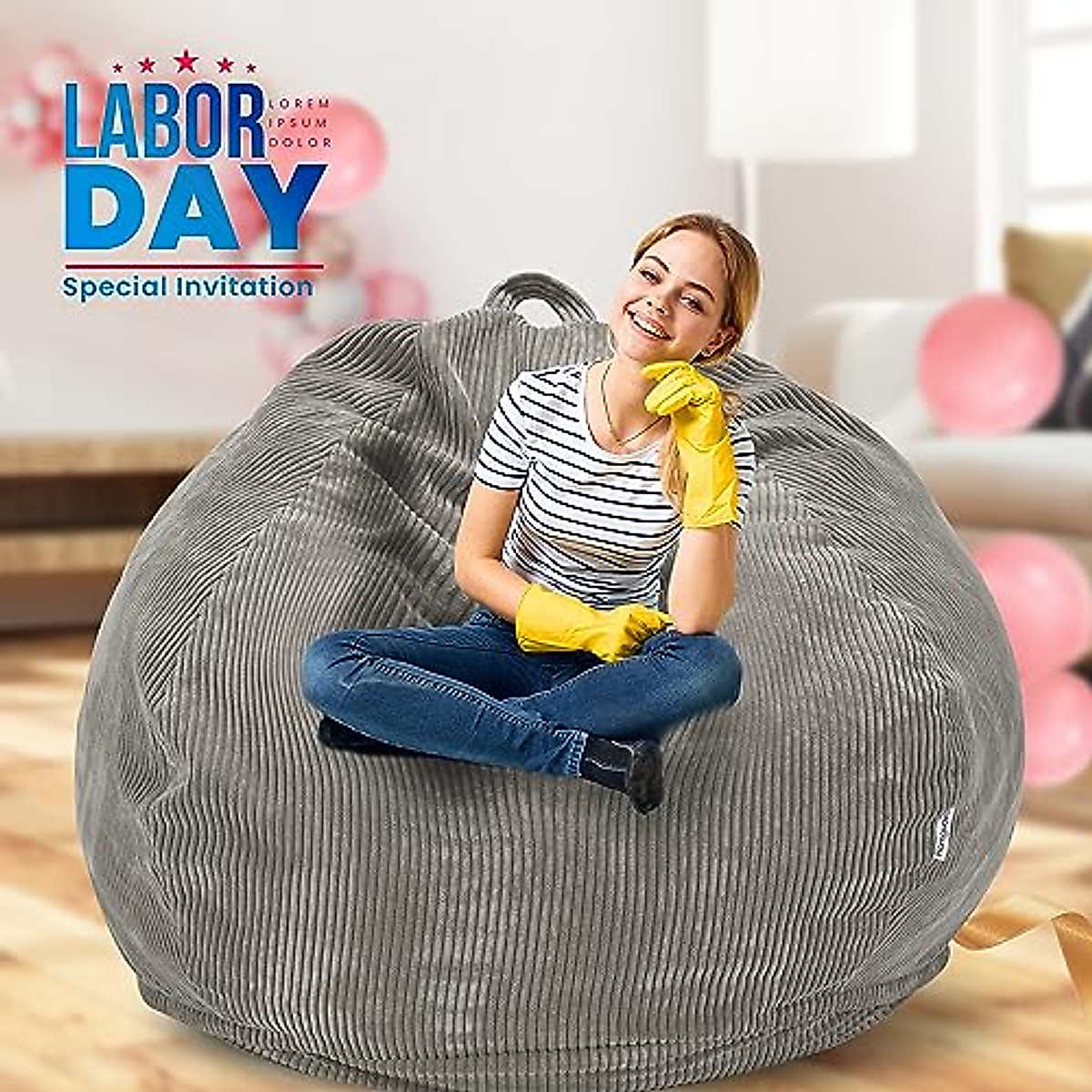 Homguava Bean Bag Chair: Teardrop Bean Bags with Memory Foam Filled, Compact Beanbag Chairs Soft Sofa with Corduroy Cover (Grey)