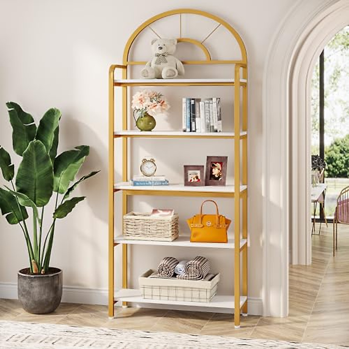 Tribesigns White and Gold Arched Bookshelf 5 Tier Bookcase, Gold Shelves for Living Room Freestanding Tall Display Shelf, Decorative Shelf for Bedroom