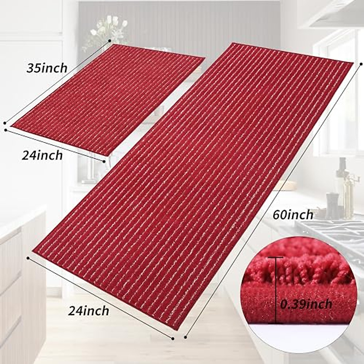 BEQHAUSE Red Kitchen Rugs Set of 2 Non-Slip Kitchen Runner Rug Washable Kitchen Mats for Floor Absorbent Soft Kitchen Area Rug for Sink,Laundry,Hallway&Kitchen 24”x35”+24”x60”