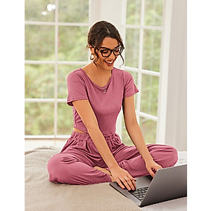 Ekouaer Women's 2 Piece Lounge Sets Short Sleeve Pajama Set Ribbed Knit Crop Top Wide Leg Pants Loungewear,Old Rose,L