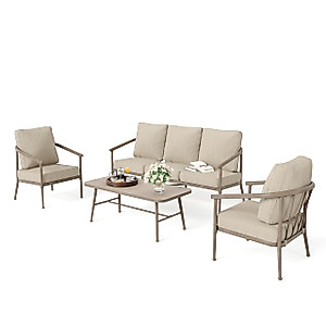 HERA'S HOUSE Patio Furniture Set, 2 x Cushioned Leg Chair, 3-Seat Sofa with Wood Grain Coffee Table, 5 Seats Luxury Windsor Style All Weahter Outdoor Sofa Conversation Set for Deck Lawn Backyard