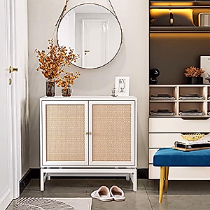 AWQM 2pcs Rattan Sideboard Buffet Cabinet with Storage,Kithchen Accent Storage Cabinet with Doors Console Table with Adjustable Shelves,Wood Console Cabinet for Dining Room,Living Room,White