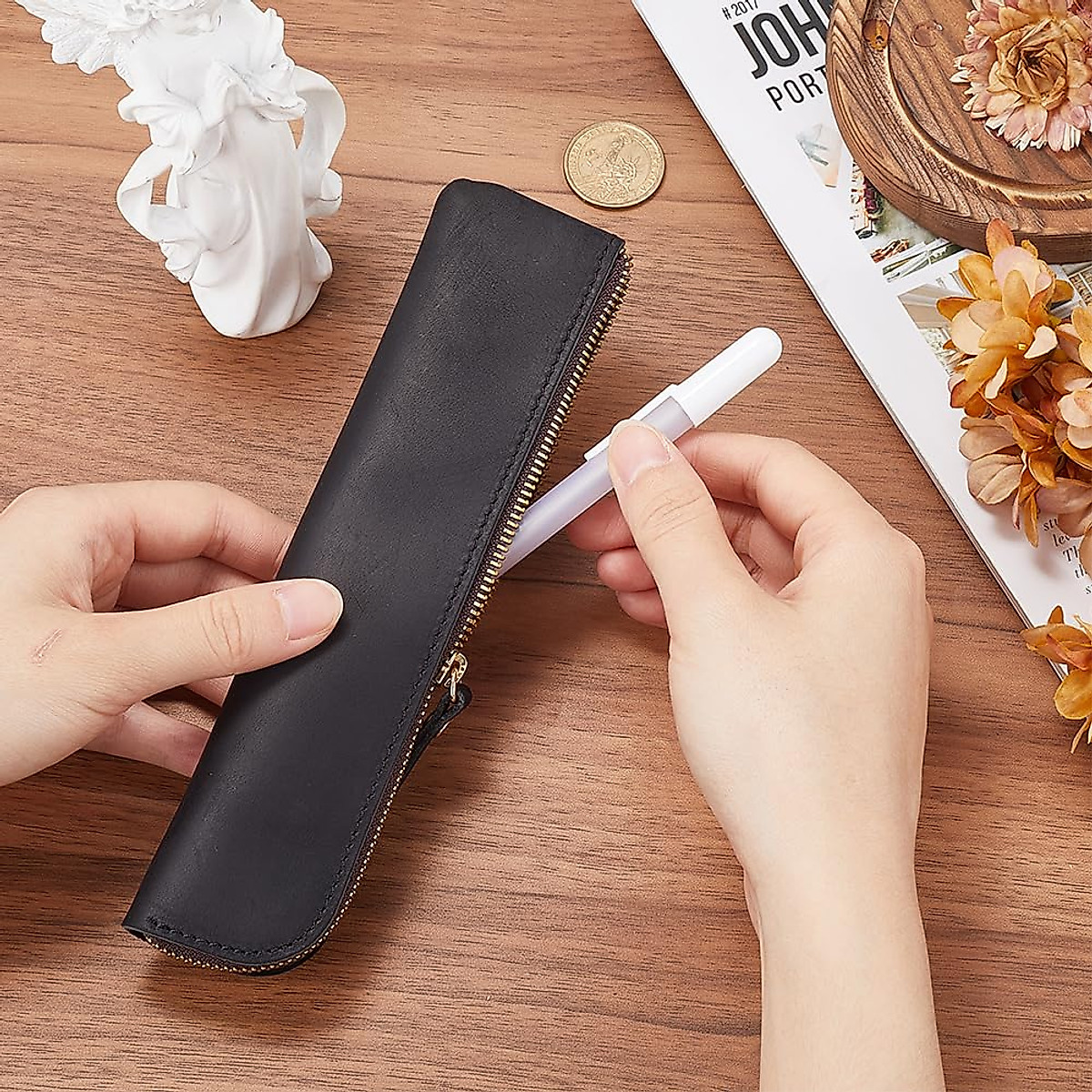 GORGECRAFT Slim Crazy Horse Genuine Leather Pencil Case Portable Zippered Pen Case Ultra Slim Soft Pen Bag Retro Minimal Cosmetic Pouch Pencil Organizer Stationery Bag for Pens Adults Xmas Gift, Black