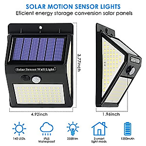 Solar Lights Outdoor, [ 2 Pack /3 Modes /140 LED ] Solar Motion Sensor Powered Flood Lights, 3000 Lumens 270°Wide-Angle IP65 Waterproof Solar Security Wall Lights for Garden Fence Patio Deck Yard Pool