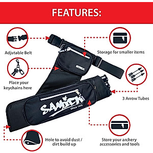 SAMICK SPORTS Archery Arrow Quiver - Adjustable Waist Hanged Quiver with 3 Removable Tubes & Pockets for Archery Arrows Case & Equipment - Ideal for Hunting & Target Practice - Right Handed Only