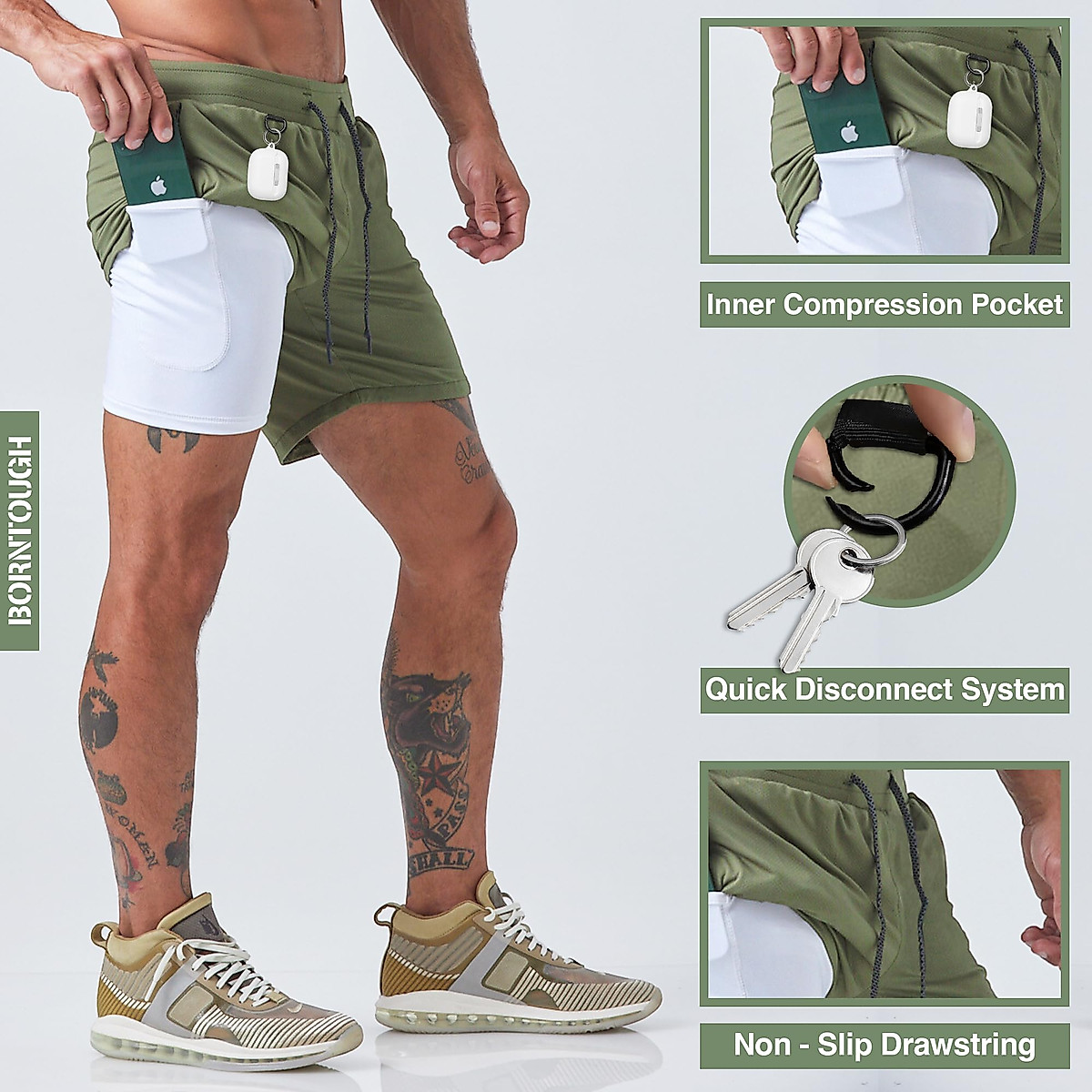 Born Tough 2 in 1 Mens Workout Shorts, 7 Inch Inseam Gym Shorts, Athletic Shorts for Bodybuilding, Running with Liner Pocket Military Green