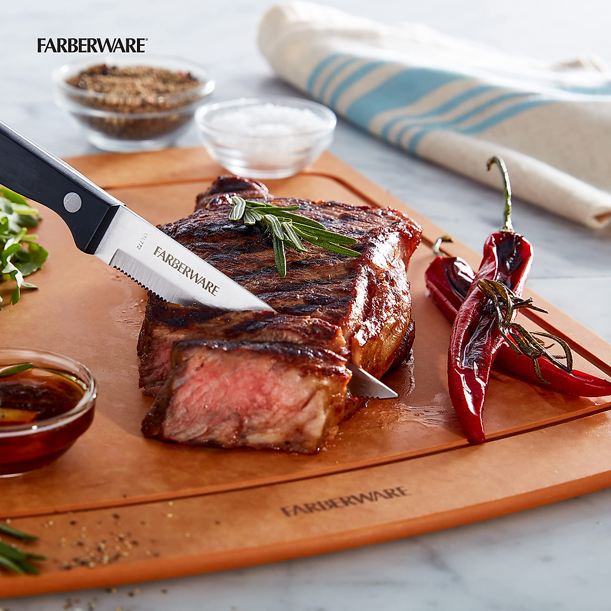 Farberware 4-Piece Full-Tang Triple Rivet 'Never Needs Sharpening' Stainless Steel Steak Knife Set, Black