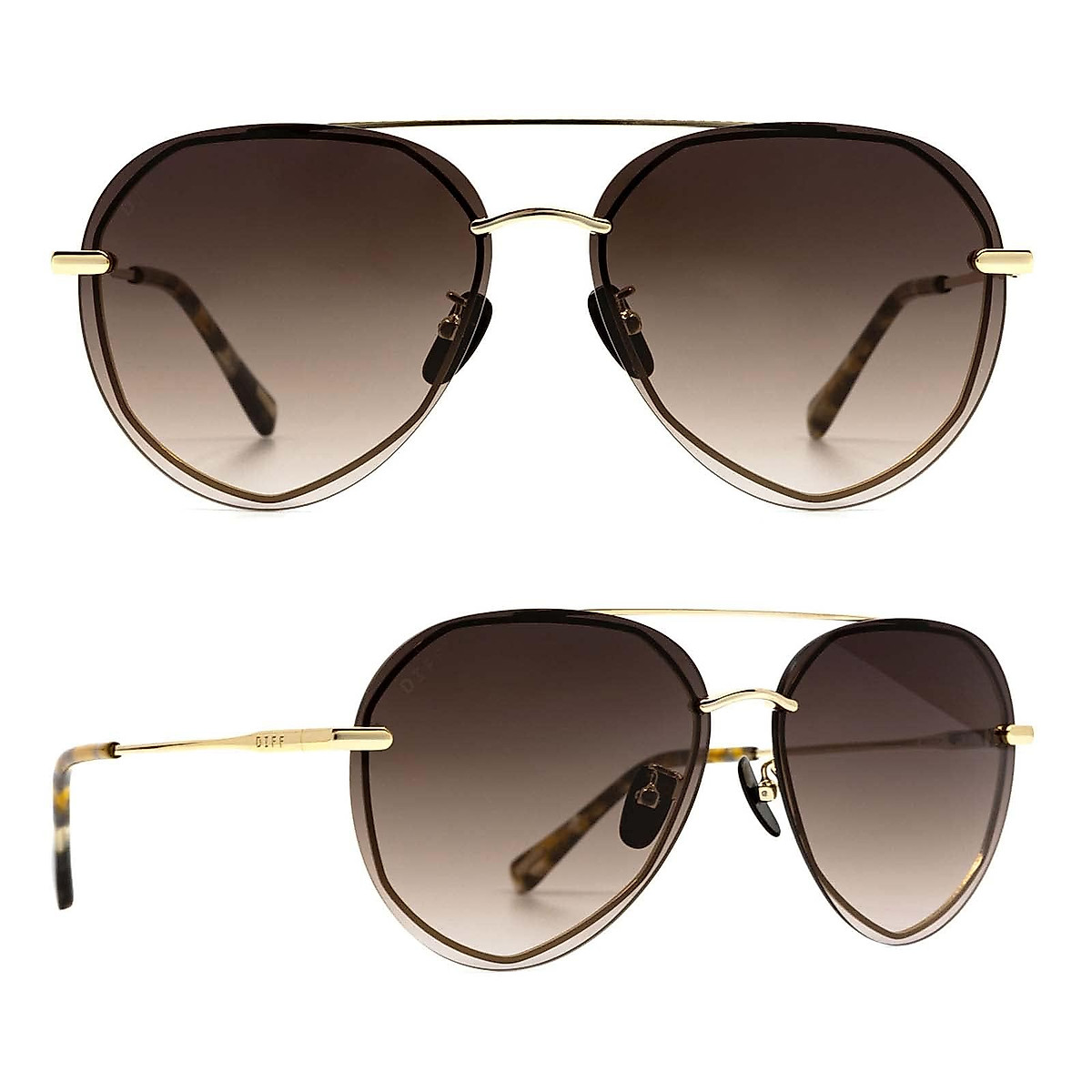 DIFF Lenox Gold + Brown Gradient, Designer Oversized Aviator Sunglasses for Women UV400 Protection