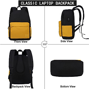SUPACOOL Lightweight Casual Laptop Backpack with USB Charging Port For for Men and Women, Backpack for College (Full black and yellow)