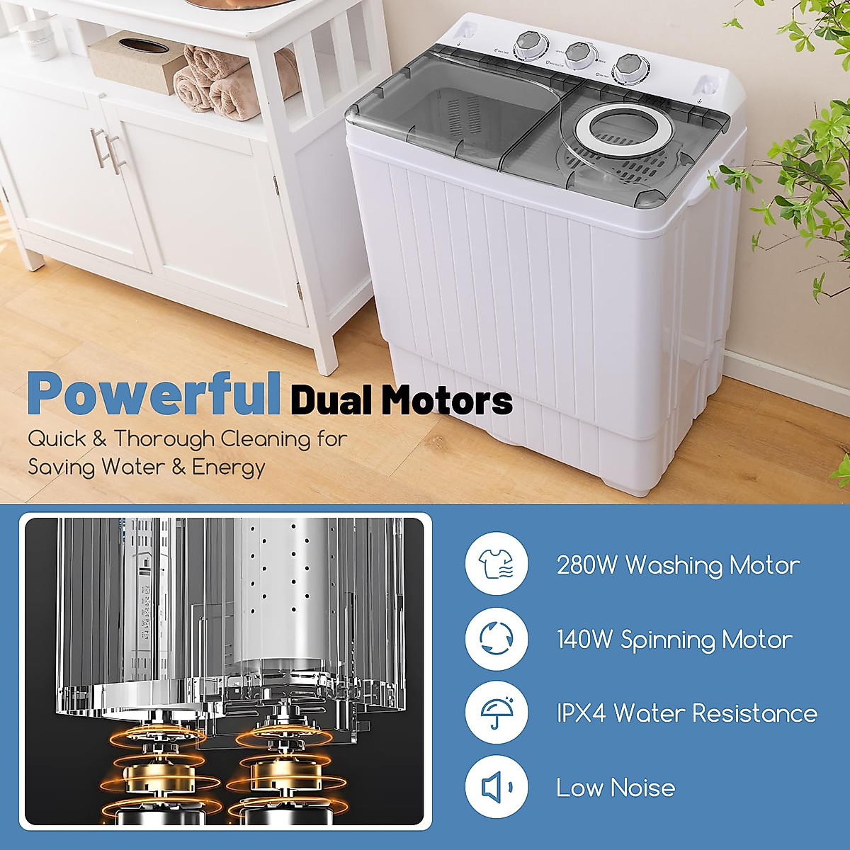 ARLIME Portable Washing Machine, 26 lbs Washer and Spinner Combo with Drain Pump,18 lbs Washing 8 lbs Spinning Twin Tub Mini Compact Laundry Washer for Dorms, Apartments, RVs (White+Gray)