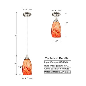 karyfine Art Glass Mini Pendant Lights Kitchen Island Marble Glass Pendant Light Shade with Brushed Nickel Finish Ceiling Hanging Lights for Kitchen Over Sink,Dining/Living Room Red Marble-1Pack