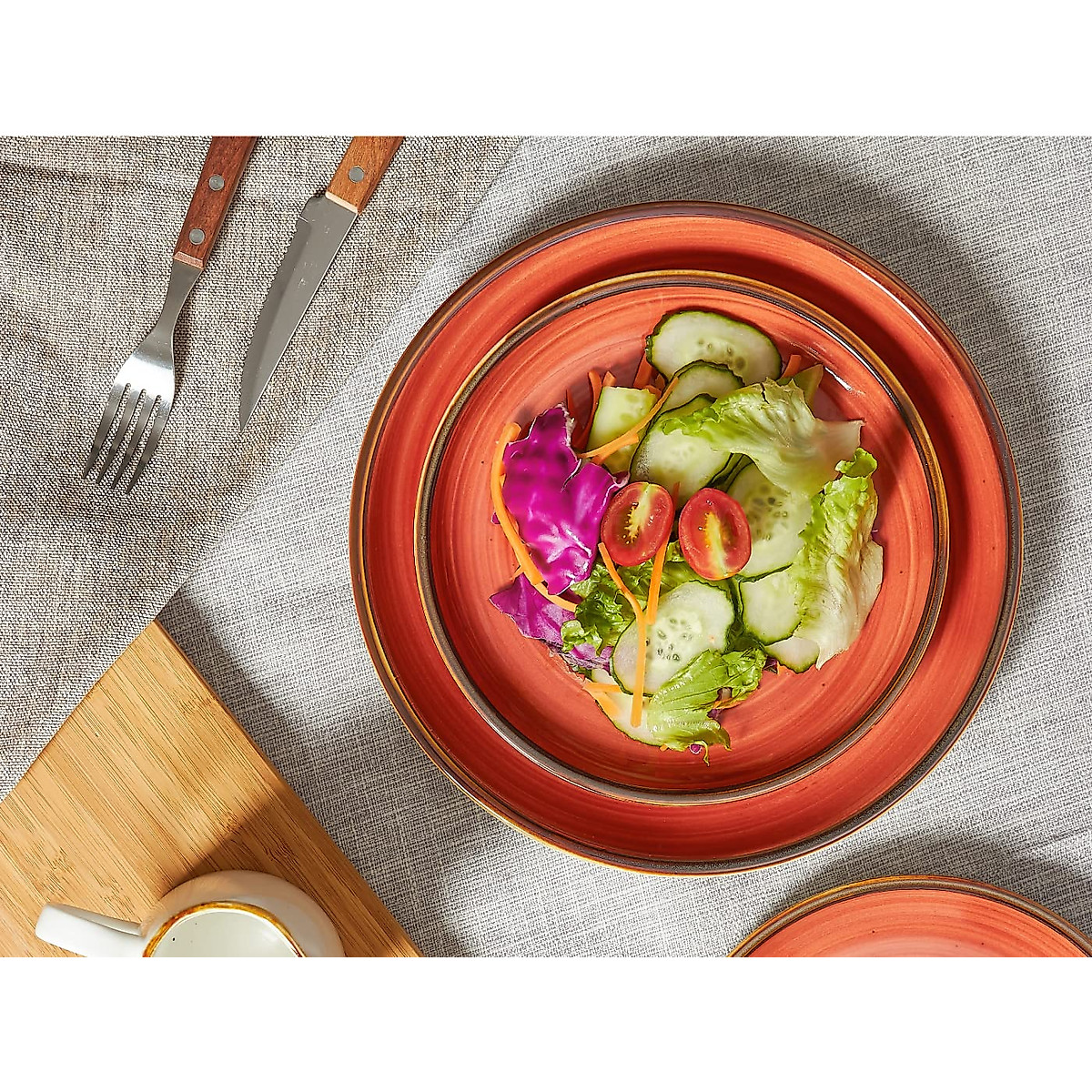 ONEMORE 30 oz Pasta Bowls and 8.5 inch Salad Plates Bundle - Microwave, Oven and Dishwasher Safe - Red