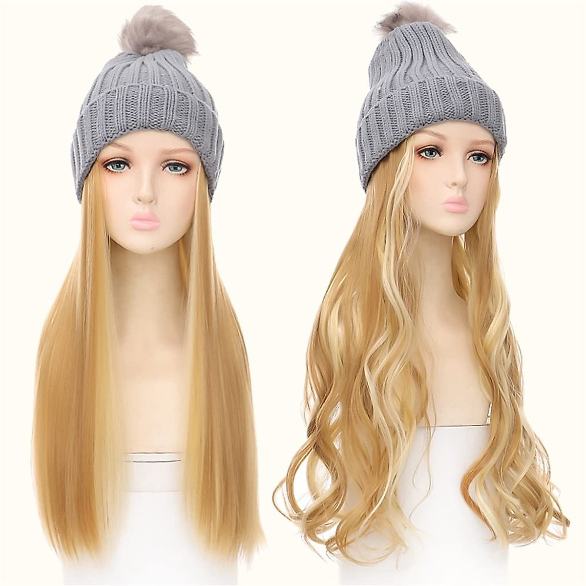 KLKKK Winter Beanie Gray Hat Synthetic Hair with Hair Extension Heat retention Vertical for Women Straight Hair Wavy Hair (Color : Gray, Size : Straight)