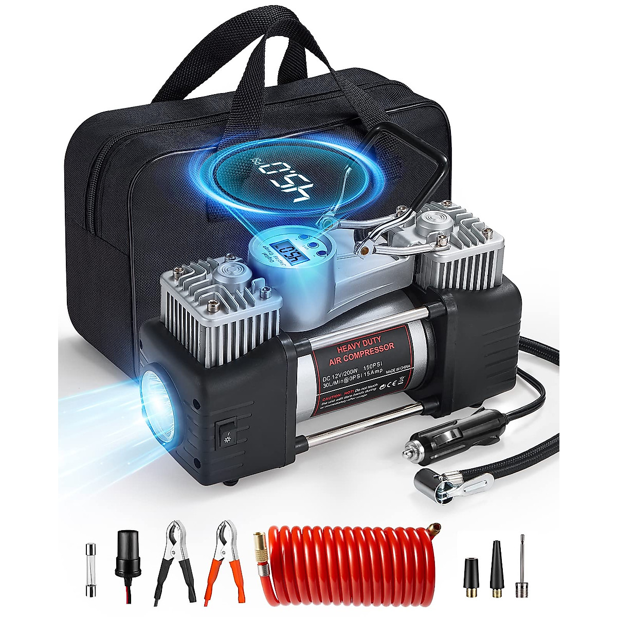 OlarHike 12V Portable Air Compressor, 150PSI Tire Inflator, Dual Cylinder Tire Pump with LED Night Light/Auto Shut-Off for SUVs/Trucks/RVs