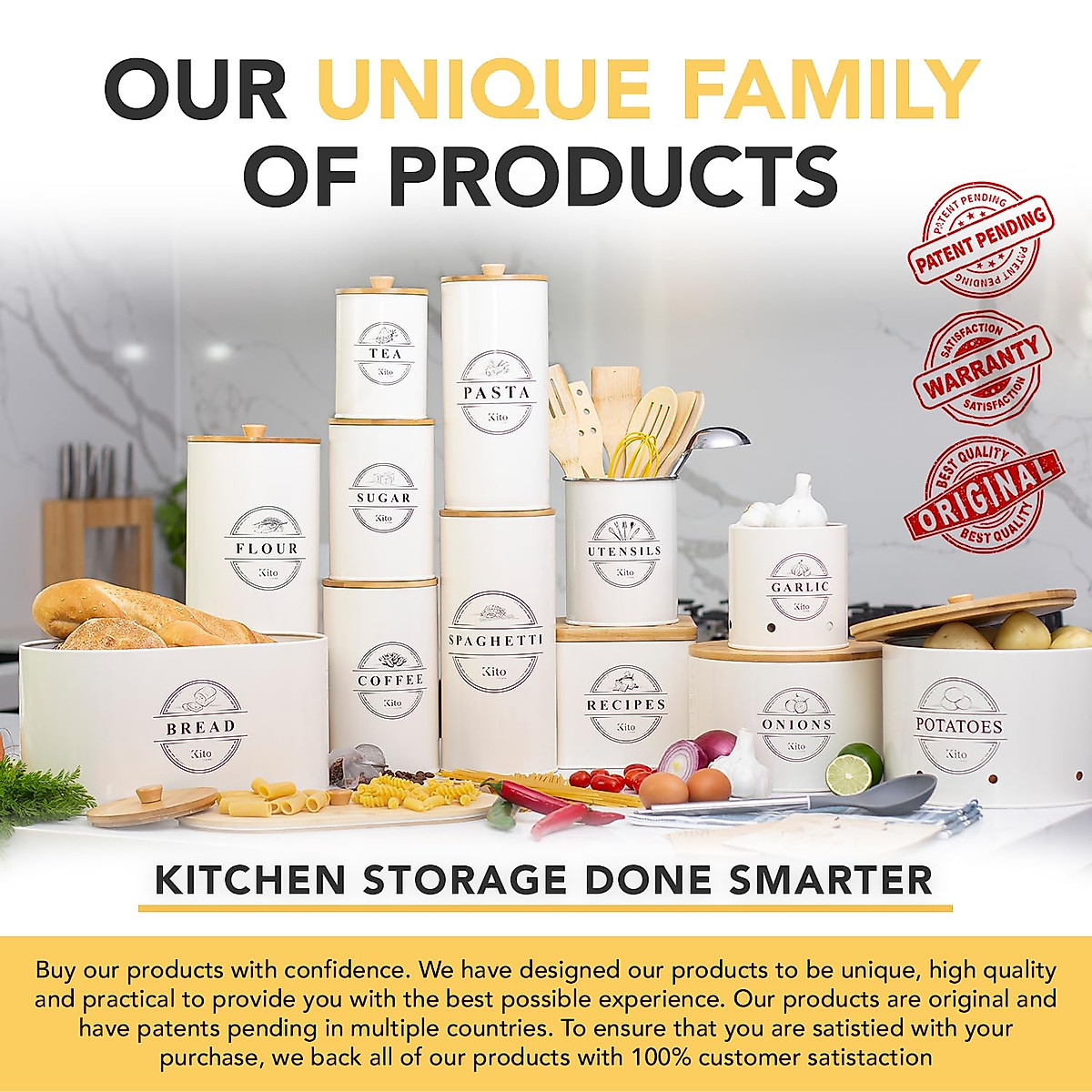 Kito LIVING Canister Sets For Kitchen Counter, 3 Piece Garlic Potato Onion Keeper Kitchen Canisters for Pantry Organization and Storage Bins with Wooden Bamboo Lids, Kitchen Organization (Cream)