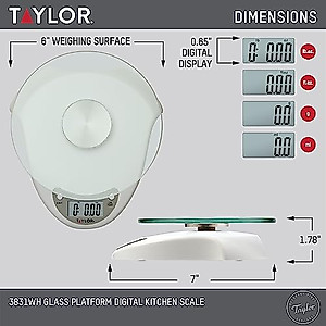 Taylor Digital Kitchen Scale with Glass Platform, Tare Button, and Plastic Body Weighs up to 11 Pounds Capacity, White