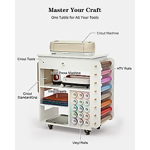 Rolling Craft Cart and Storage Table for Cricut - VDamu Vinyl Roll Holder and Craft Room Organizer