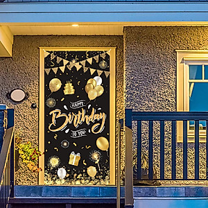 Black Gold Happy Birthday Door Banner,Birthday Door Cover Decoration Supplies Happy Birthday Backdrop Photography Background Sign for Women and Girls Birthday Party Home Outdoor Decor