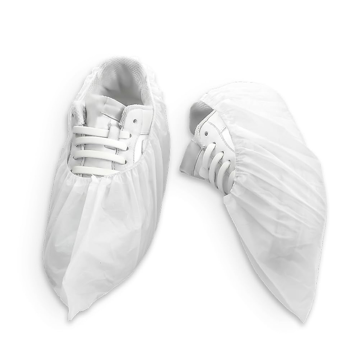 Greenour Shoe Covers Disposable for Indoors Pack of 100 (50 Pairs) Waterproof CPE Booties Shoes Protectors Coverings Fits Up to Size 11 US Men and 13 US Women White Large