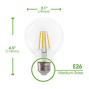 LED 4.5W G25 Clear Globe Filament Light Bulb, 40W Equivalent, 470 Lumens, 2700K Soft White, E26 Medium Base, Dimmable, 120V, Energy Star, (4 Pack)