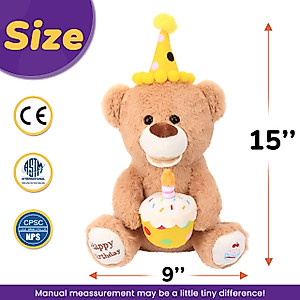 Hopearl Adorable Happy Birthday Teddy Bear with Glowing Cupcake Musical Stuffed Animal Bear Singing and Shaking Plush Toy Interactive Animated Kids Gifts, Brown, 15’’