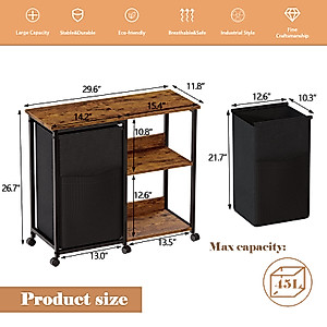 Furnulem Rolling Laundry Hamper with Wood Shelves, Lid & Wheels, Clothes Basket Hamper Organizer for Bathroom, Bedroom, Laundry Room