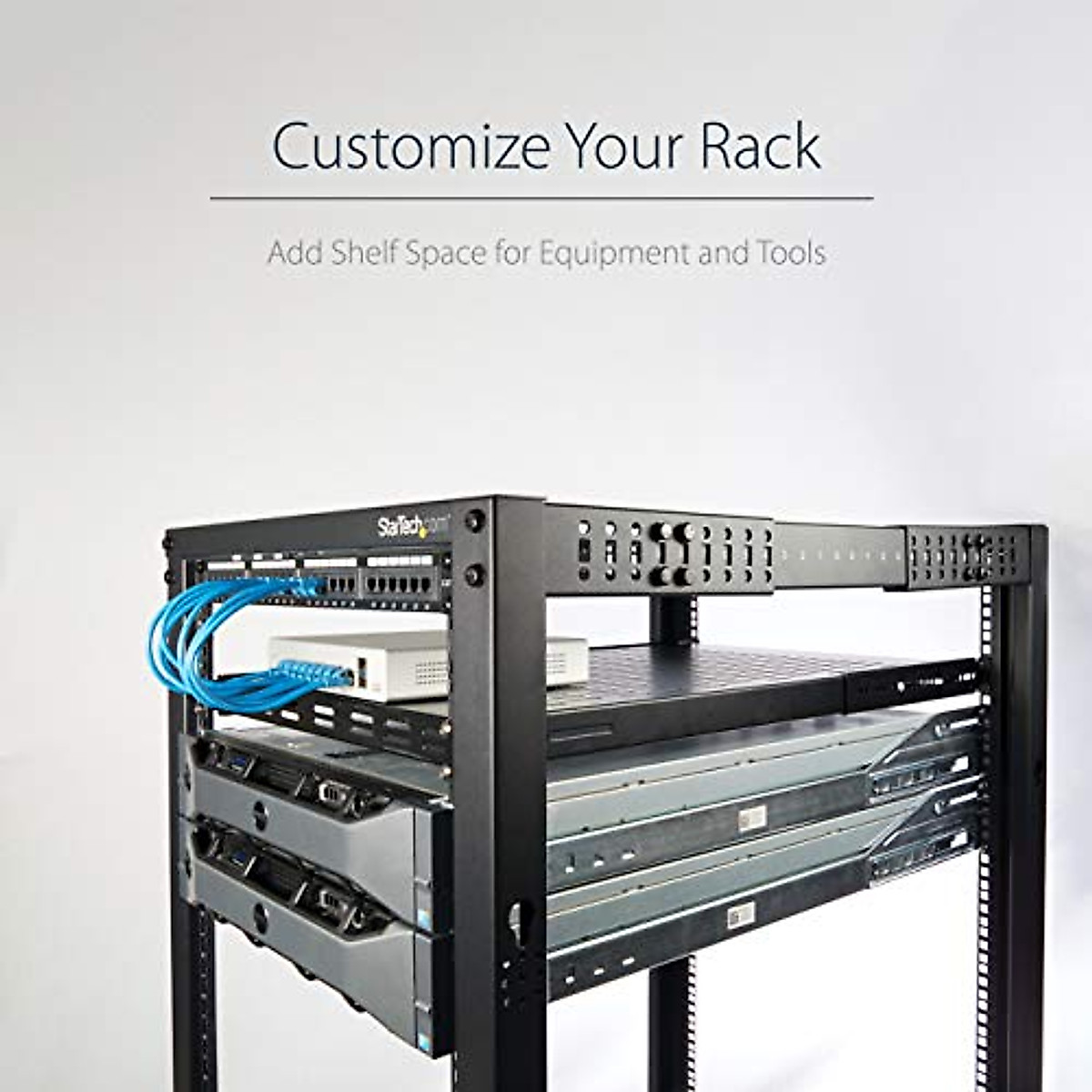 StarTech.com 1U Adjustable Vented Server Rack Mount Shelf - 175lbs - 19.5 to 38in Adjustable Mounting Depth Universal Tray for 19" AV/ Network Equipment Rack - 27.5in Deep , TAA (ADJSHELF)