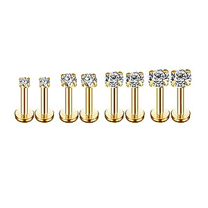 16g CZ Labret Cartilage Tragus Monroe Lip Nose Helix Diamond Studs Earrings for Women Men Stainless Steel Cubic Zirconia Piercing Jewelry 2mm 3mm 4mm 5mm 4 Pairs Set (gold)