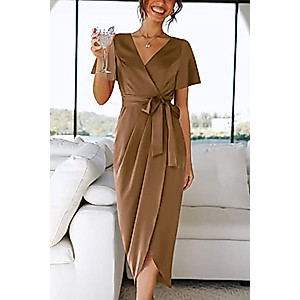 PRETTYGARDEN Women's Summer Formal Midi Satin Dress Short Sleeve V Neck Belted Cocktail Party Ruched Dresses (Brown,Large)