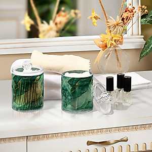 2 Pack Qtip Holder Organizer Dispenser Marble Green Bathroom Storage Canister Cotton Ball Holder Bathroom Containers for Cotton Swabs/Pads/Floss