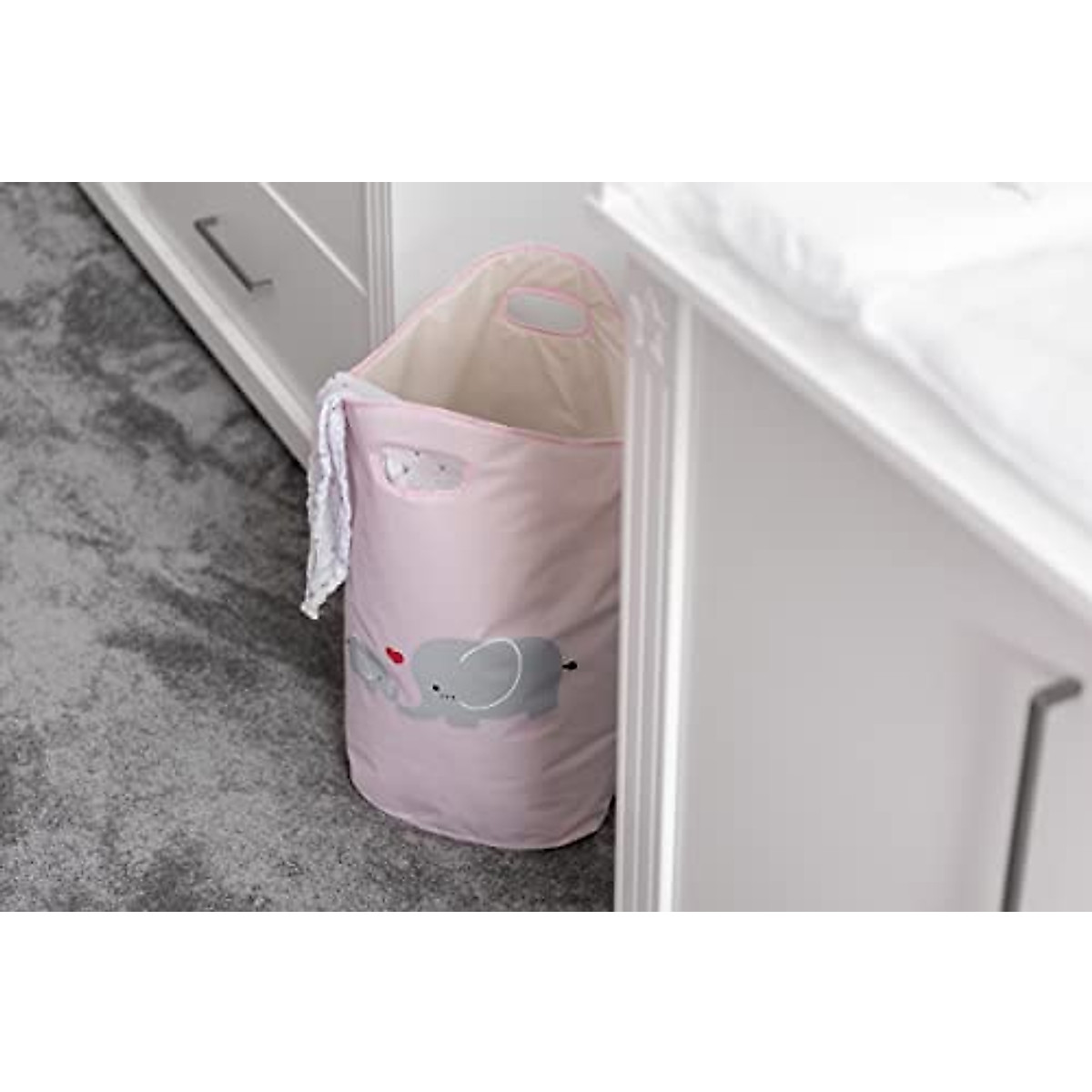 WENKO Kids Laundry Hamper, Baby Hamper for Nursery, Baby Basket for Dirty Clothes, Elephant Nursery Hamper, Toy Basket with Handles, Pink Laundry Bin, 15.7 x 20.5 x 7.9 inch