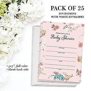 Digibuddha DB Party Studio 25 Baby Shower Invitations for Girls with Envelopes (Pack of 25) Pink Floral Baby Girl Shower Invite Cards Fill In Adorable Sip and See Cute Excellent Invites VI0055B