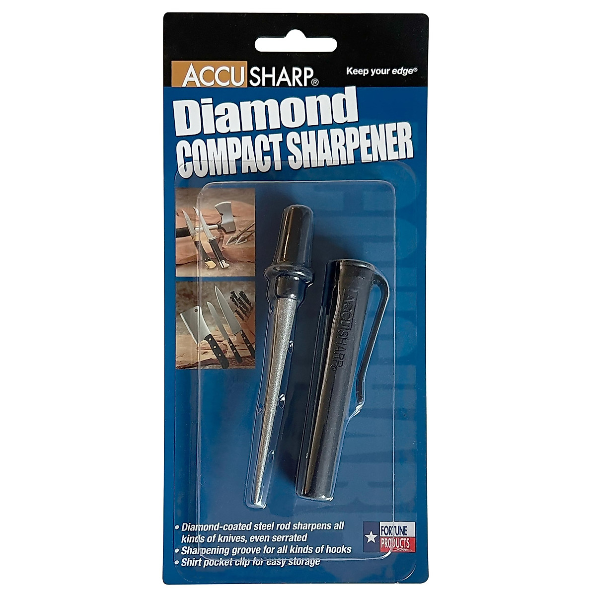 AccuSharp Diamond Compact Tapered Rod Sharpener, Portable Knife & Tool Sharpener for Serrated Blades, Fillet Knives & Fish Hooks, Knife Honing Steel Rod