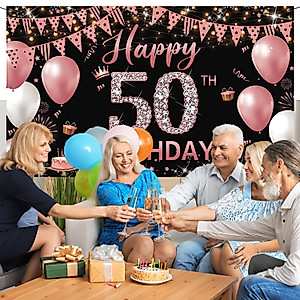 50th Birthday Decorations Backdrop Banner for Women, Happy 50th Birthday Decorations Women, Rose Gold 50 Years Old Birthday Photo Props, Fifty Birthday Party Poster Backdrop Fabric 6.1ft x 3.6ft PHXEY