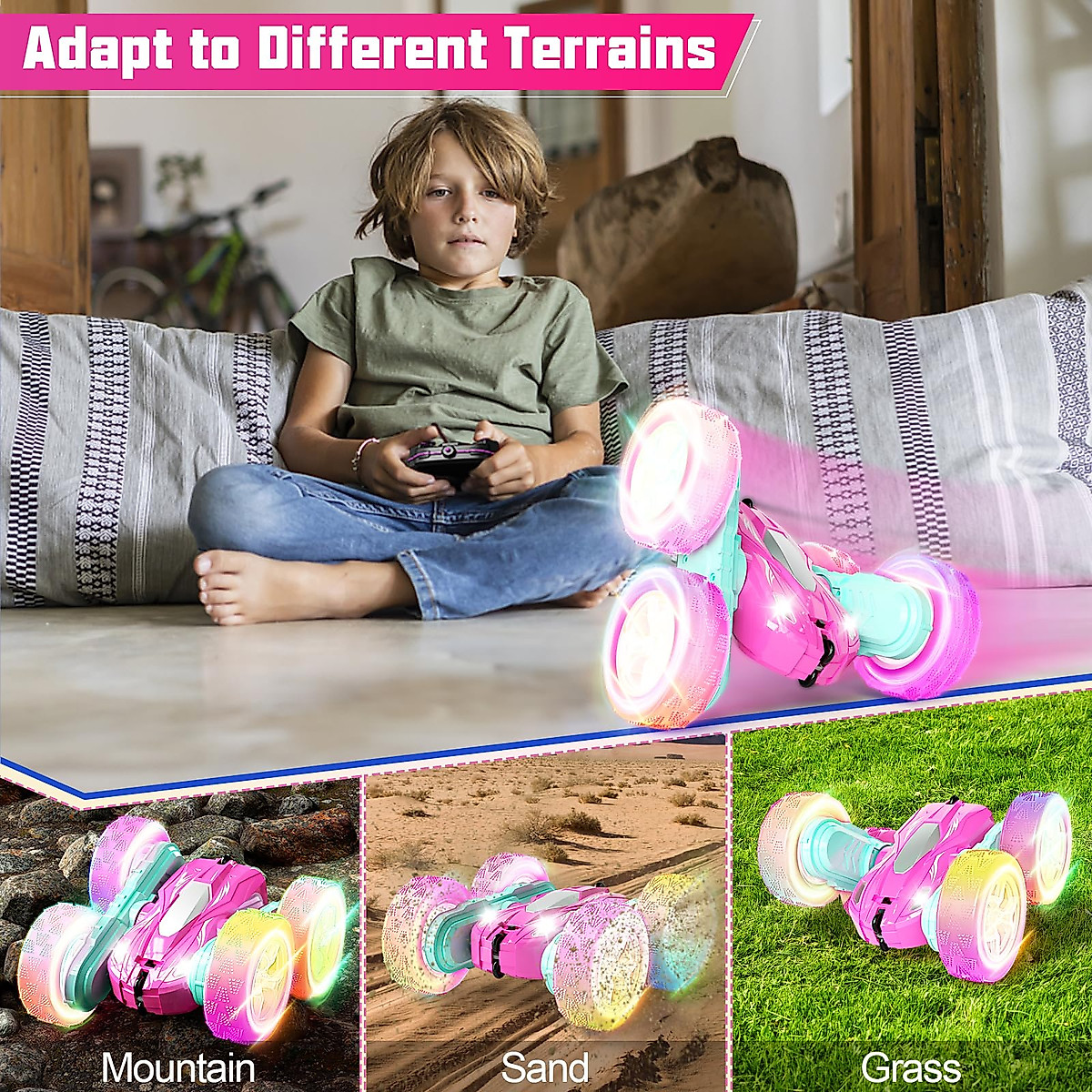 28℃ Remote Control Car for Boys, Drift High Speed RC Cars, 4WD 2.4Ghz Rechargeable RC Truck with Double Sided 360 Flips and Headlights Wheel Lights, Off-Road Stunt Toy Car for Kids Boy Girls Pink